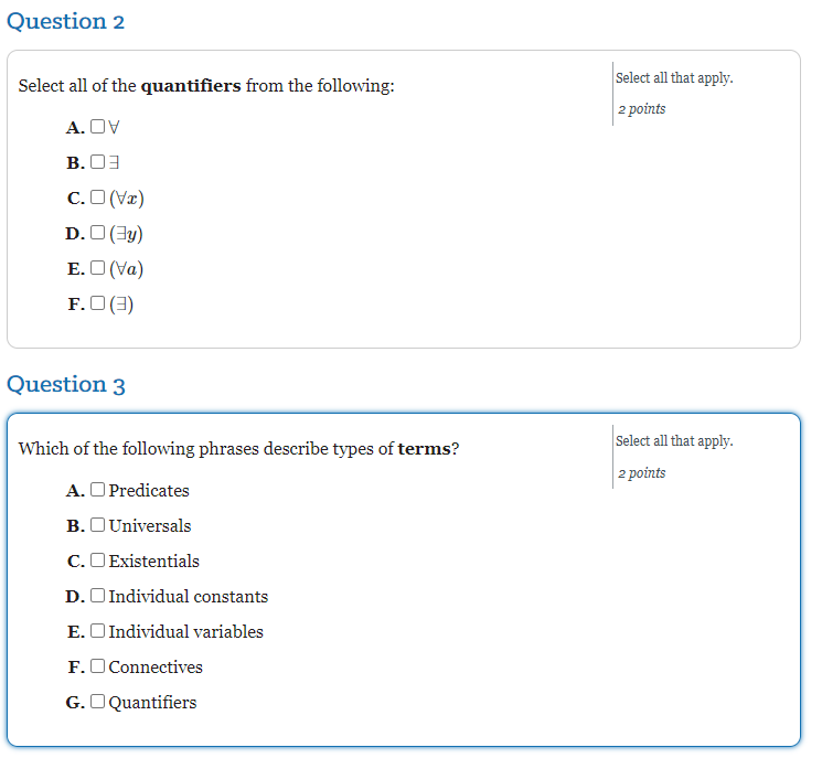 Solved Select all of the quantifiers from the following: | Chegg.com