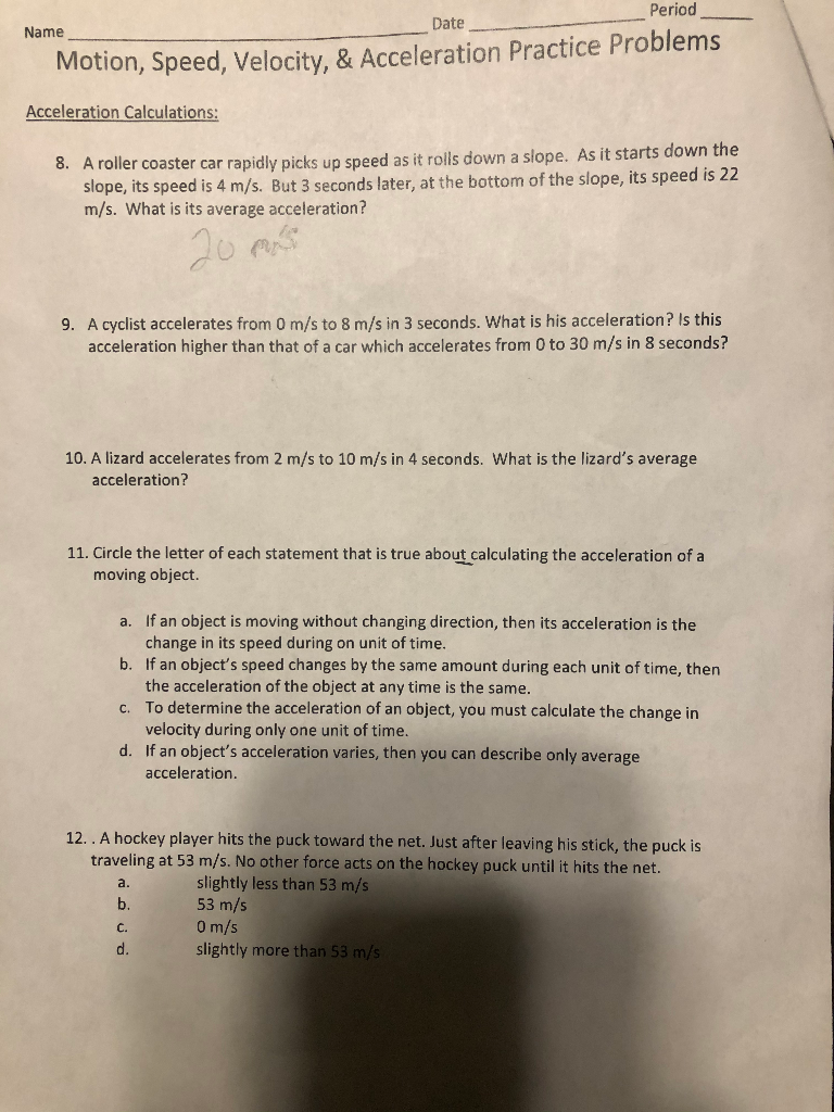 Solved Date Name Period Motion Speed Velocity Chegg