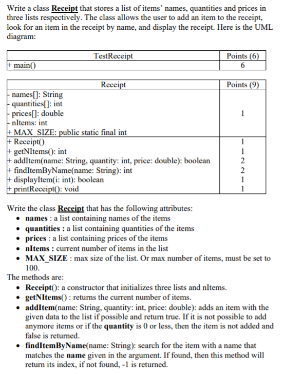 Solved Write a class Receipt that stores a list of items' | Chegg.com