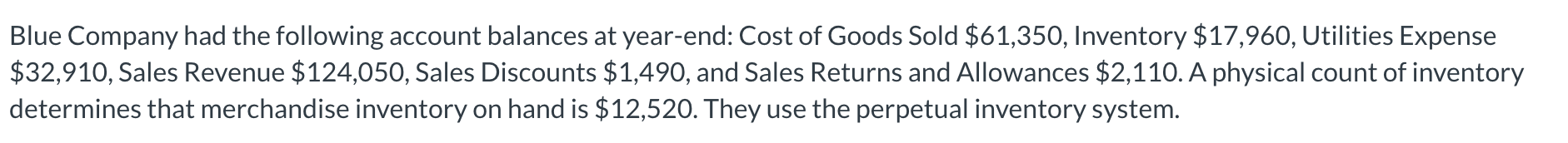Solved Blue Company had the following account balances at | Chegg.com