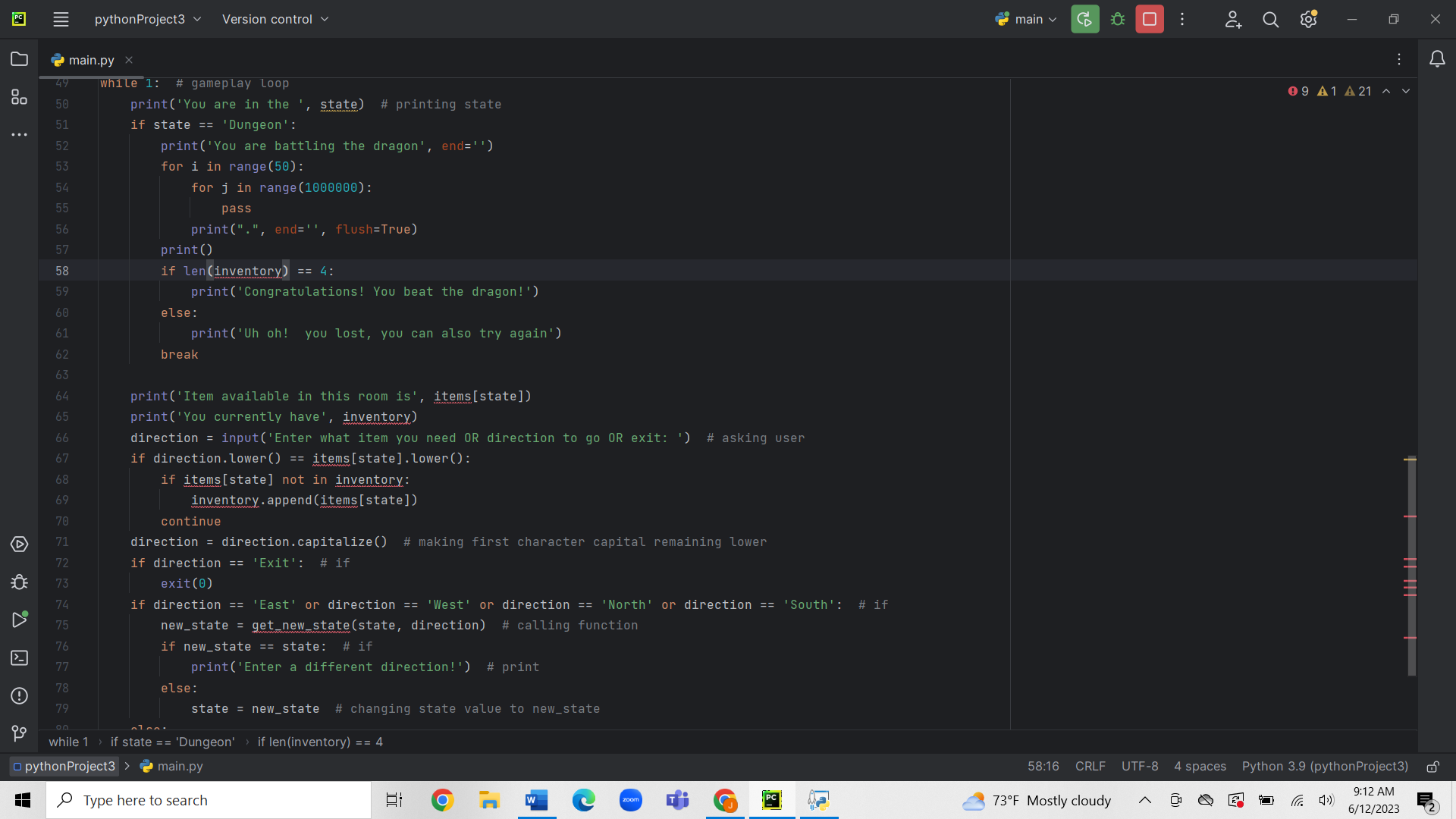 CODE for my Game doesn't let me change rooms. The | Chegg.com