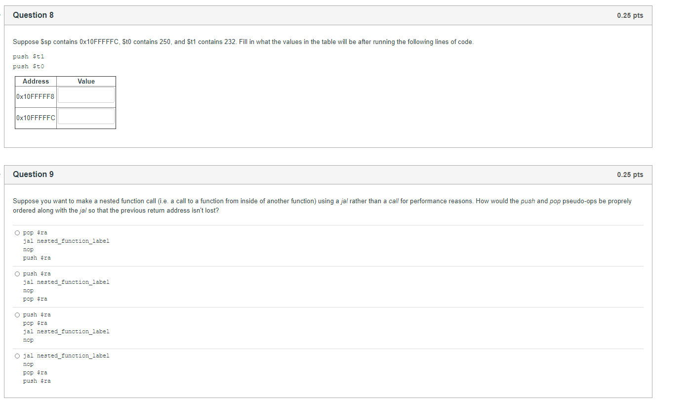 Solved Question 8 0.25 pts Suppose Ssp contains 0x10FFFFFC, | Chegg.com
