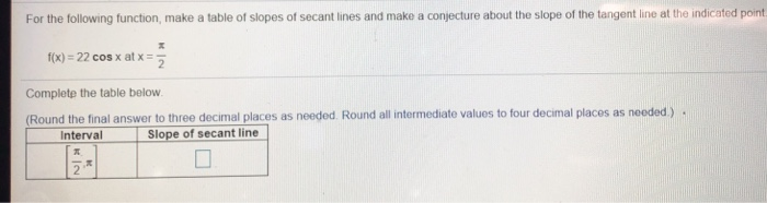 Solved For the following function, make a table of slopes of | Chegg.com