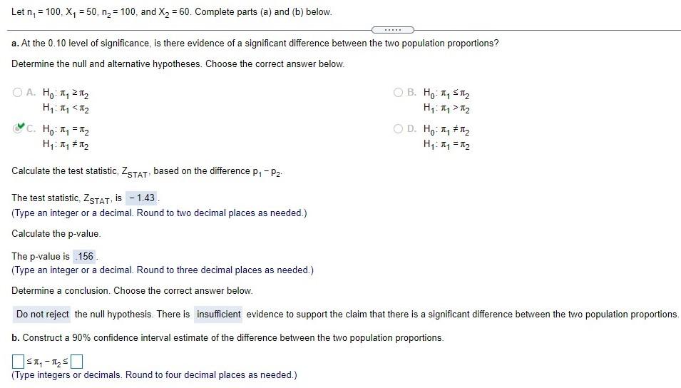 Solved Let n = 100, X1 = 50, n = 100, and X2 = 60. Complete | Chegg.com