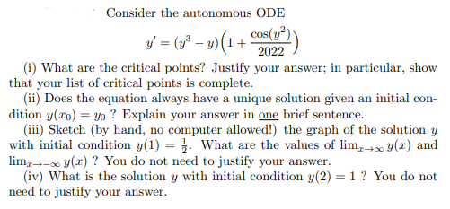 Consider the autonomous ODE y′=(y3−y)(1+2022cos(y2)) | Chegg.com