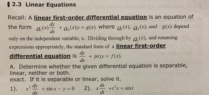 Solved 2.3 Linear Equations Recall: A linear first-order | Chegg.com