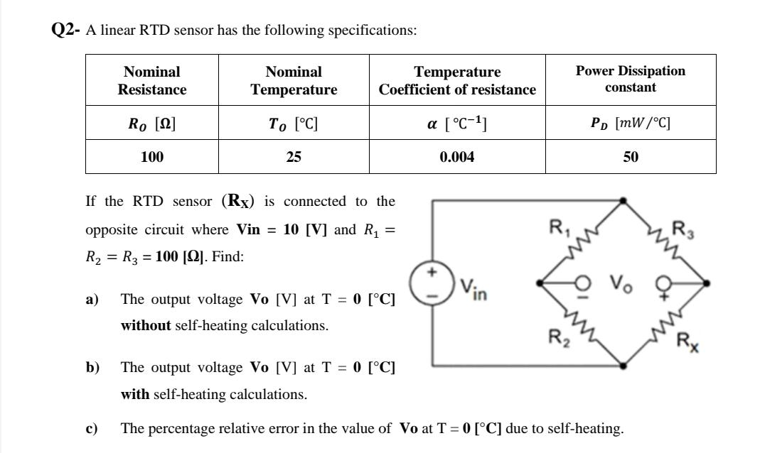 Solved Q2- A linear RTD sensor has the following | Chegg.com