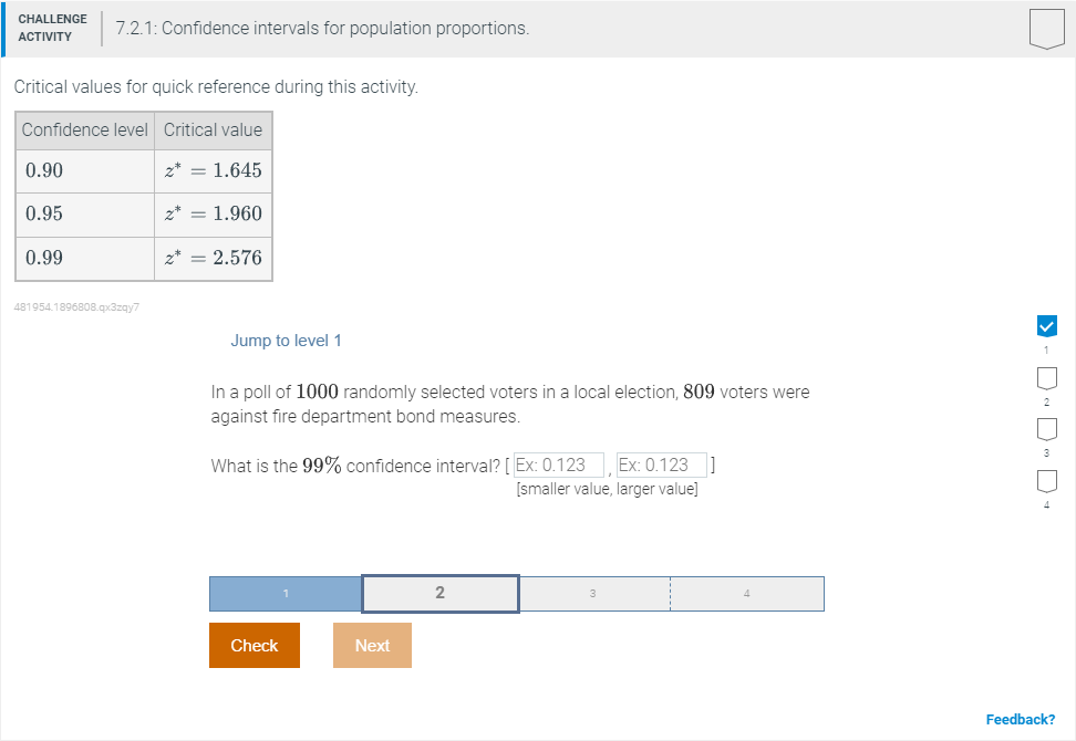 Solved CHALLENGE ACTIVITY 7.2.1: Confidence intervals for | Chegg.com
