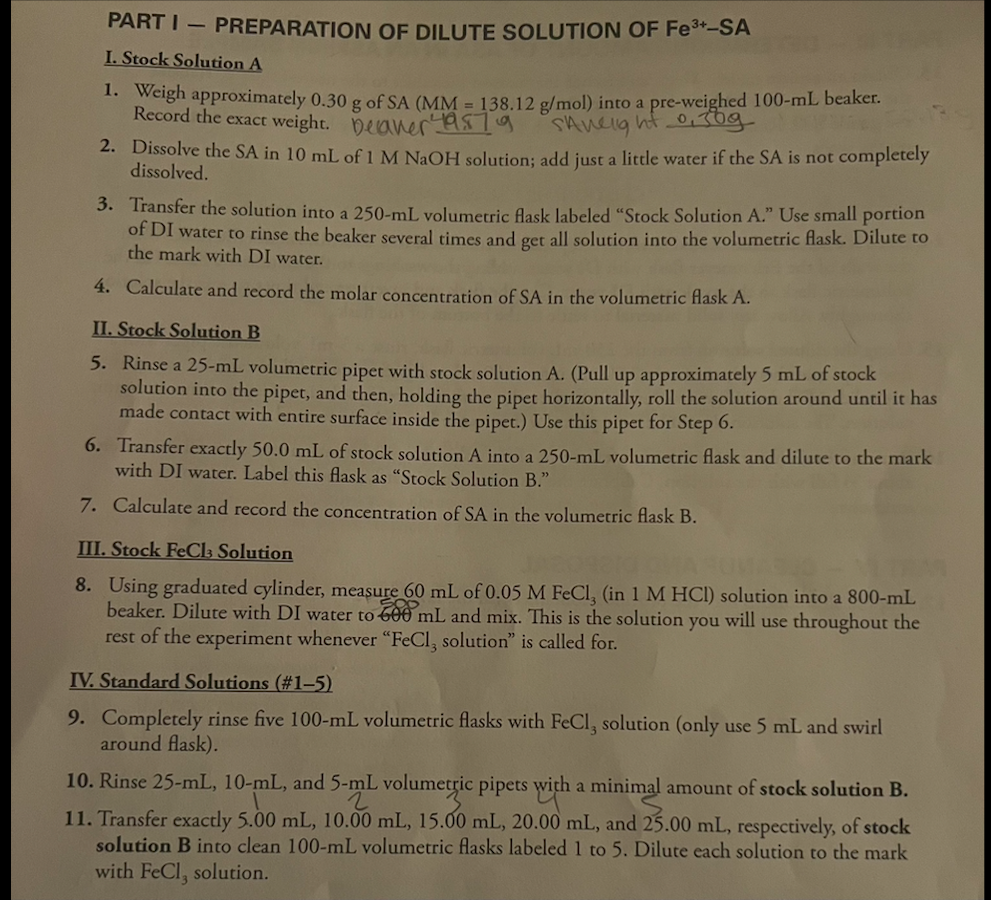 PART I - PREPARATION OF DILUTE SOLUTION OF Fe 3+− SA | Chegg.com