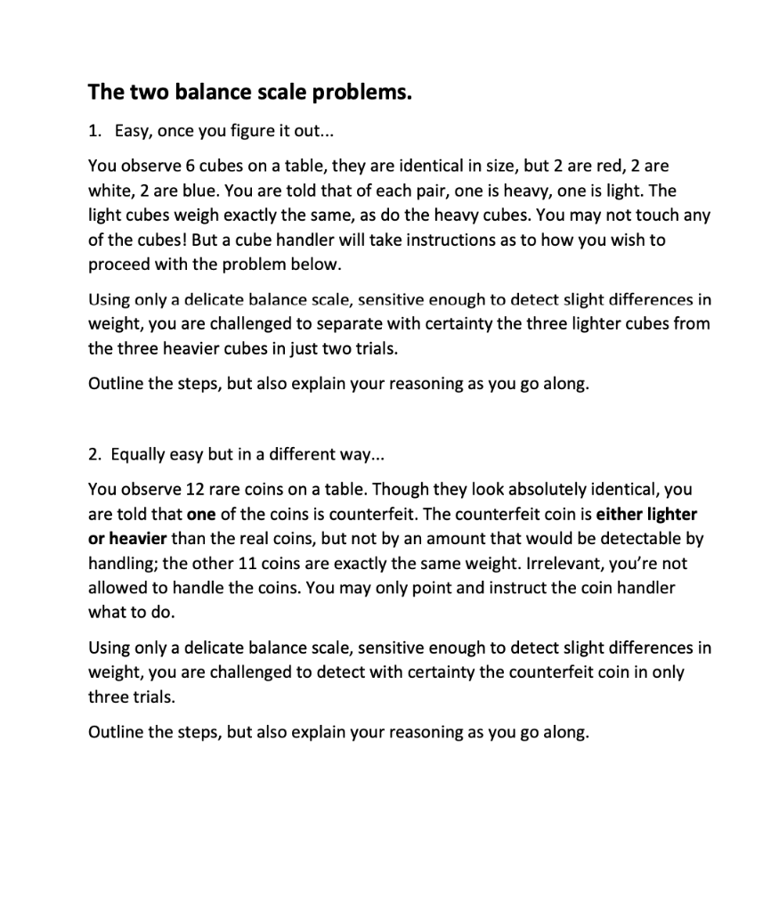 Solved The two balance scale problems. 1. Easy, once you | Chegg.com