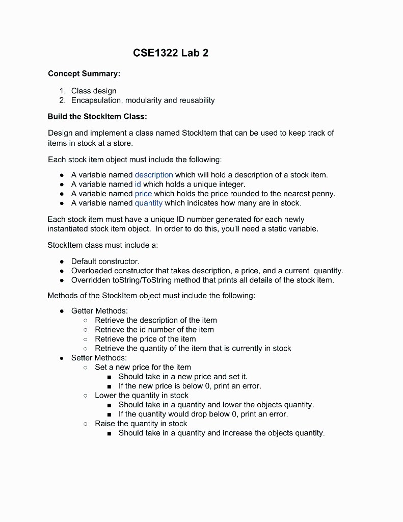 Solved CSE1322 Lab 2 Concept Summary: 1. Class design 2. | Chegg.com