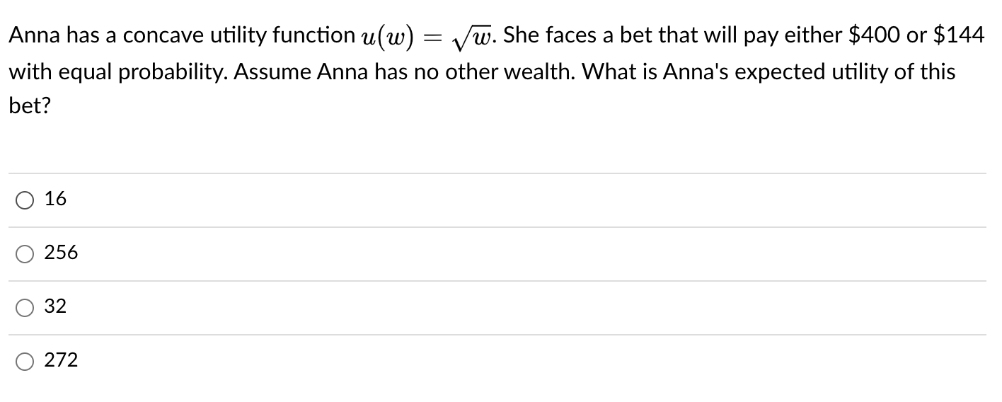 Solved Anna Has A Concave Utility Function Uw Vw She 9256