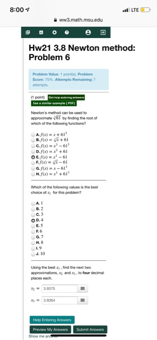 Solved 8:00 Hw21 3.8 Newton method: Problem 6 Problem Value: | Chegg.com