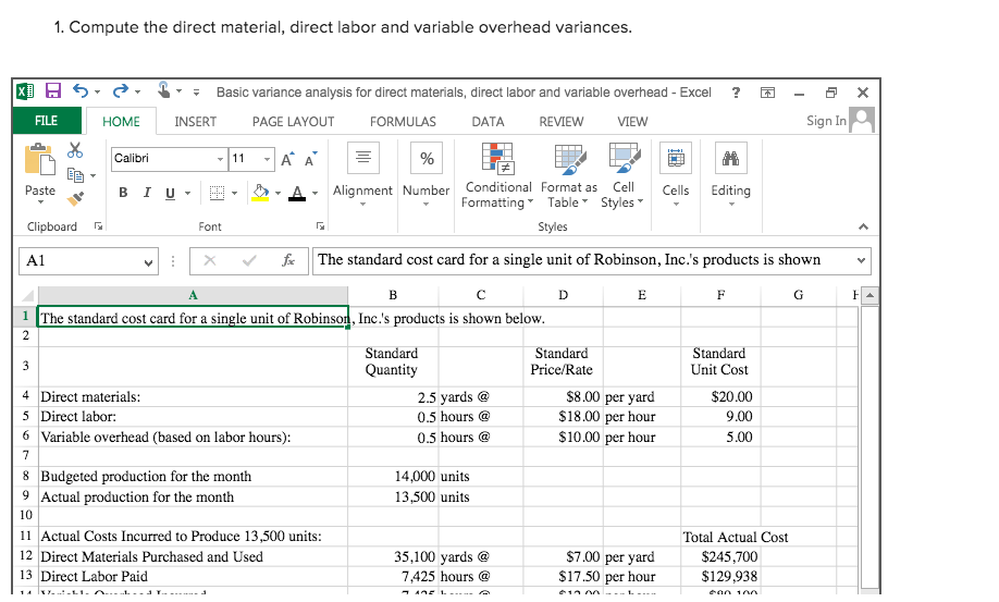 Solved 1. Compute the direct material, direct labor and | Chegg.com