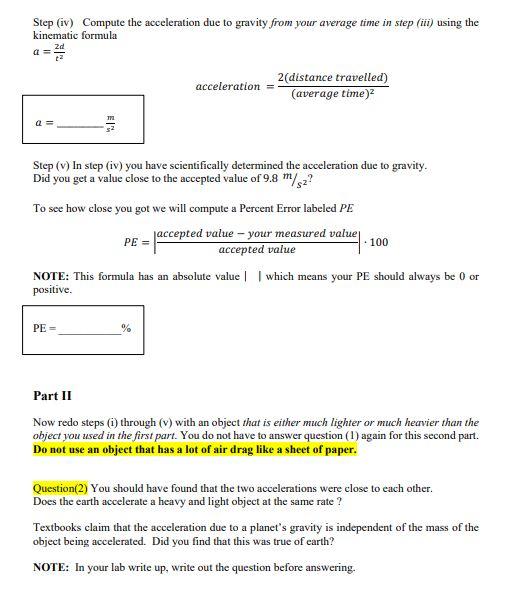 Measuring the acceleration due to gravity Lab | Chegg.com
