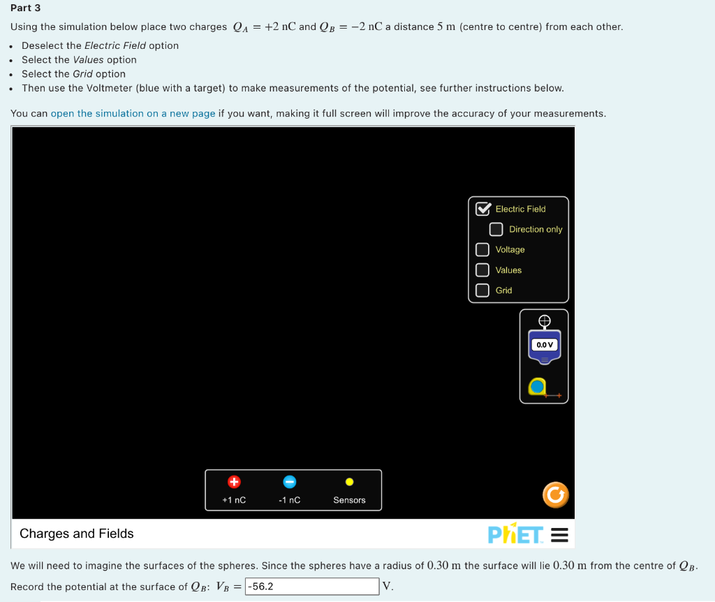 Solved . Part 3 Using the simulation below place two charges | Chegg.com