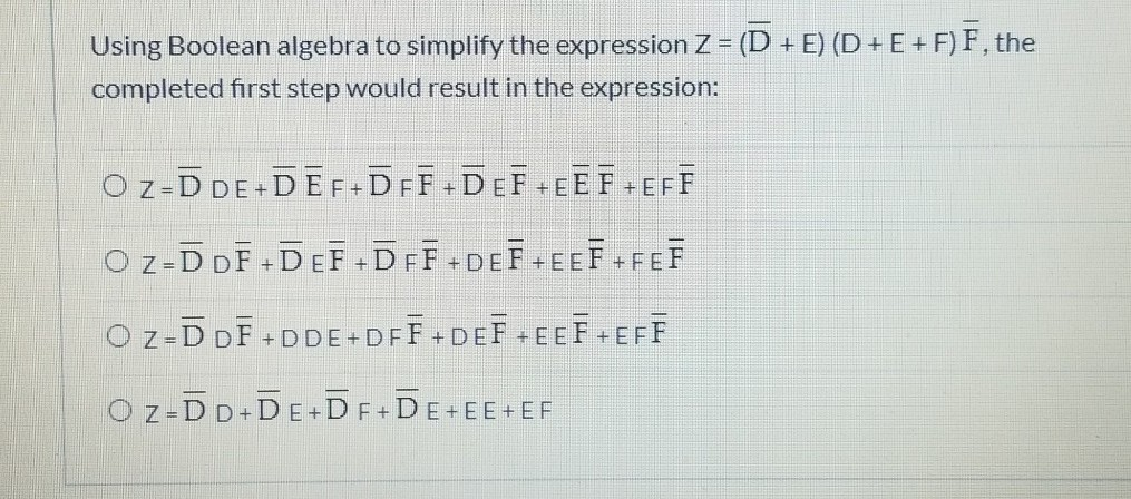 Solved Using Boolean algebra to simplify the expression Z = | Chegg.com