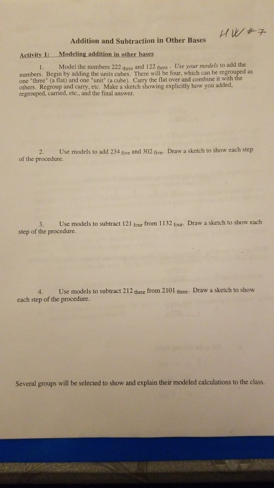 Solved HW #7 Addition and Subtraction in Other Bases | Chegg.com