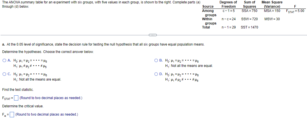 Solved The ANOVA summary table for an experiment with six | Chegg.com