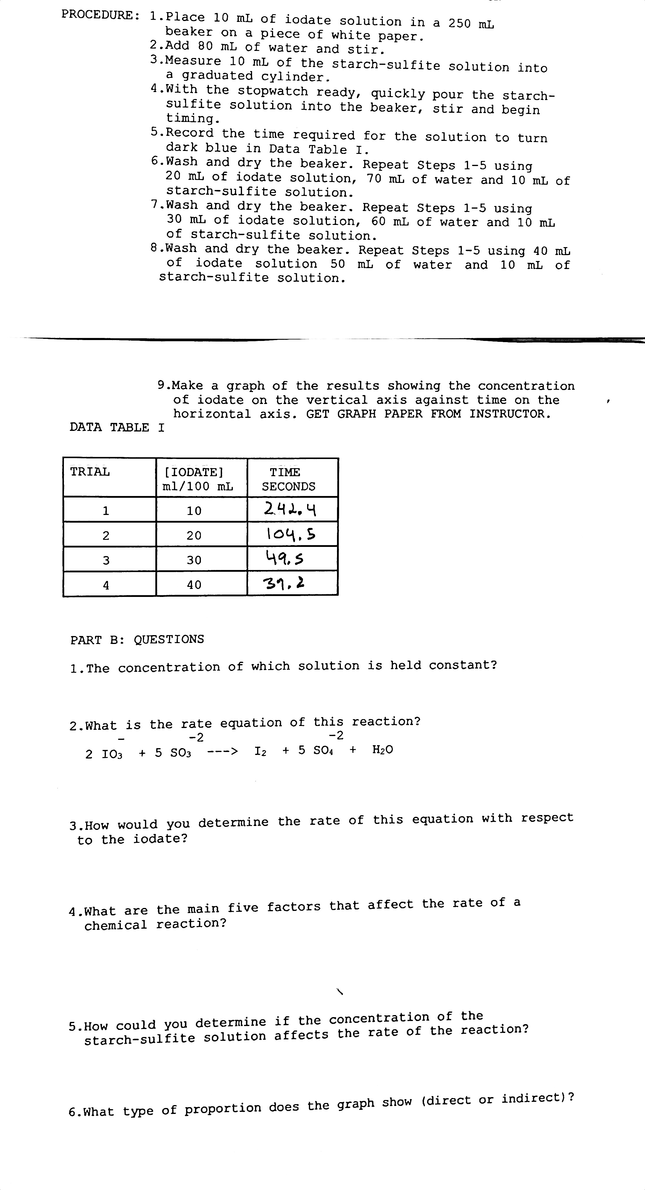 Solved PROCEDURE: 1.Place 10 mL of iodate solution in a 250 | Chegg.com