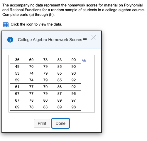 Solved The accompanying data represent the homework scores | Chegg.com