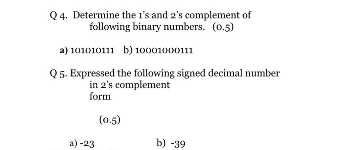 Solved Q 4. Determine the 1's and 2's complement of | Chegg.com
