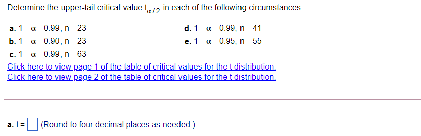 Solved Determine the upper-tail critical value ta/2 in each | Chegg.com
