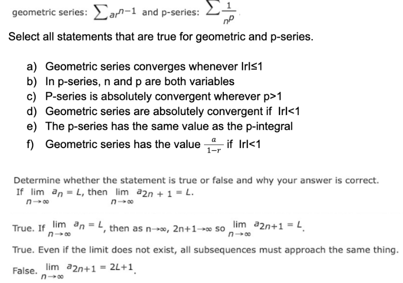 Solved geometric series: ∑arn−1 and p-series: ∑np1. Select | Chegg.com