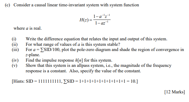 Solved (c) Consider a causal linear time-invariant system | Chegg.com