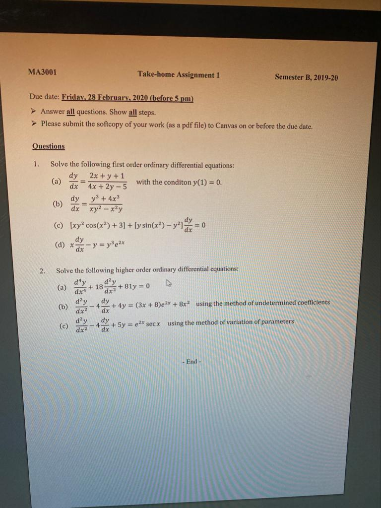Solved MA3001 Take-home Assignment 1 Semester B, 2019-20 Due | Chegg.com