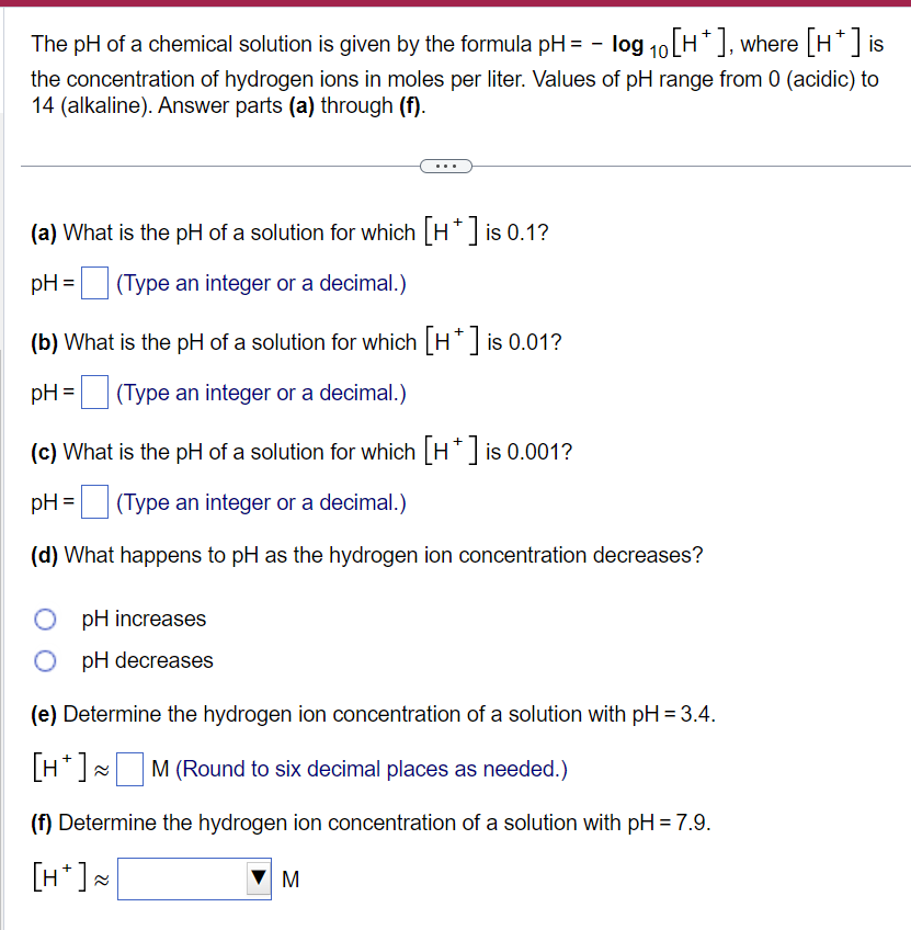 Solved The pH of a chemical solution is given by the formula | Chegg.com