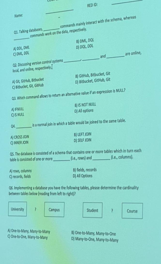Solved RED ID: Name: Q1. Talking databases, commands mainly | Chegg.com