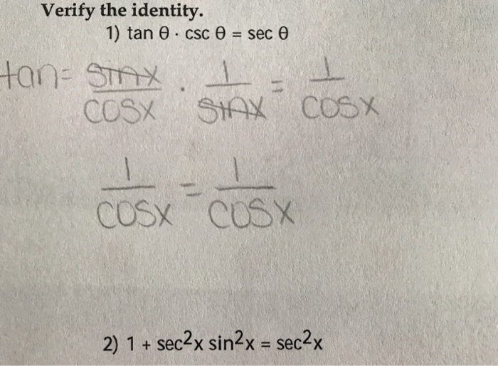 Solved Verify the identity. COSX SAX COsx 2) 1 sec2x sin2x | Chegg.com