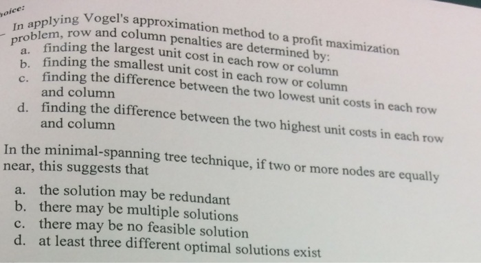 Solved n Vogel's approximation method to a profit | Chegg.com