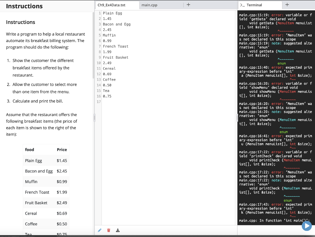 Solved Instructions Ch9_Ex4Data.txt main.cpp >_ Terminal | Chegg.com