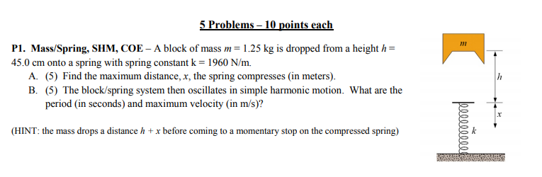 Solved m 5 Problems - 10 points each P1. Mass/Spring, SHM, | Chegg.com