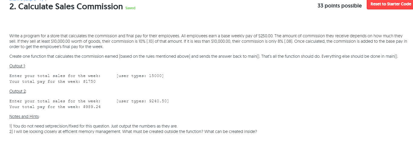 Solved 2. Calculate Sales Commission Saved 33 points | Chegg.com