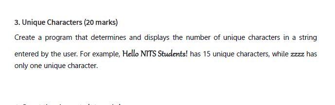 Solved 3. Unique Characters (20 marks) Create a program that | Chegg.com