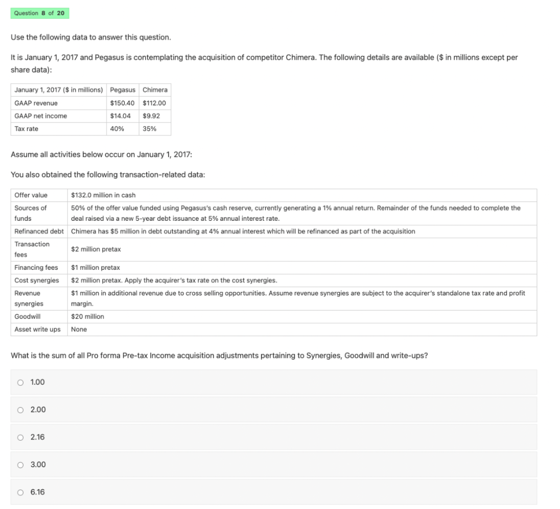 Pls help with these M&A modeling questions and select | Chegg.com
