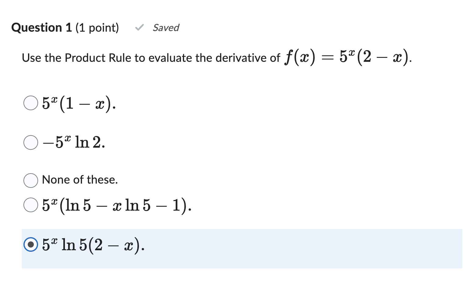 Solved Question 1 (1 ﻿point) ﻿SavedUse the Product Rule to | Chegg.com