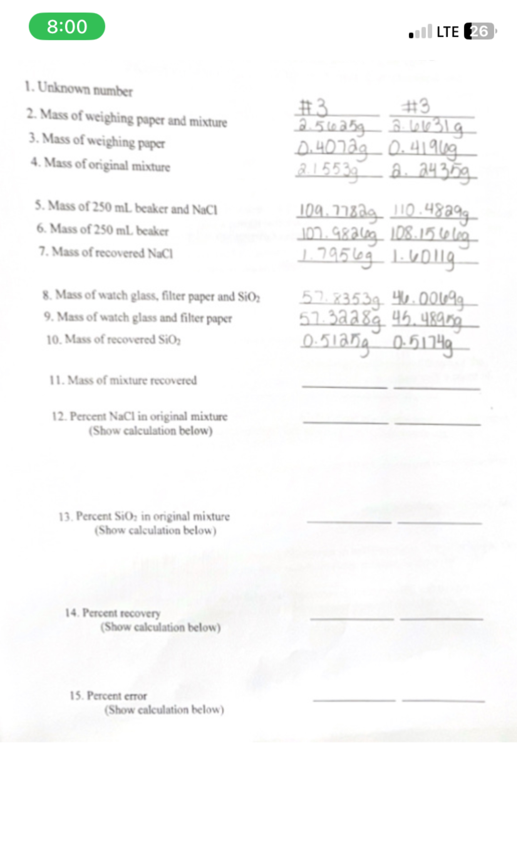 Solved Unknown numberMass of weighing paper and mixtureMass | Chegg.com