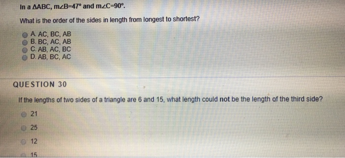 Solved In a AABC, mzB-47° and mzC-90. What is the order of | Chegg.com
