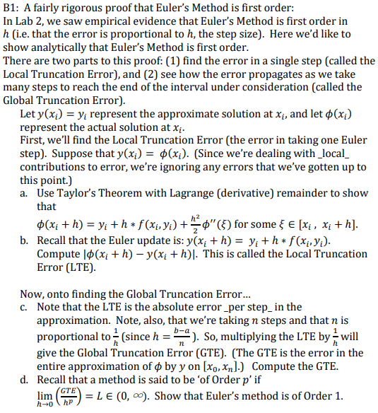 Solved B1: A fairly rigorous proof that Euler's Method is | Chegg.com