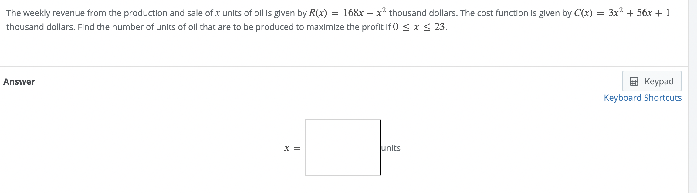 Solved The weekly revenue from the production and sale of x | Chegg.com