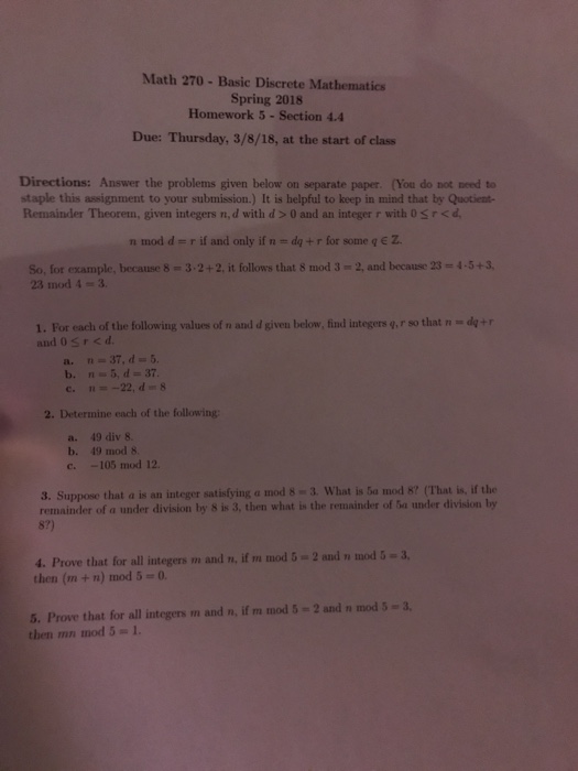 Solved Math 270 - Basic Discrete Mathematics Spring 2018 | Chegg.com