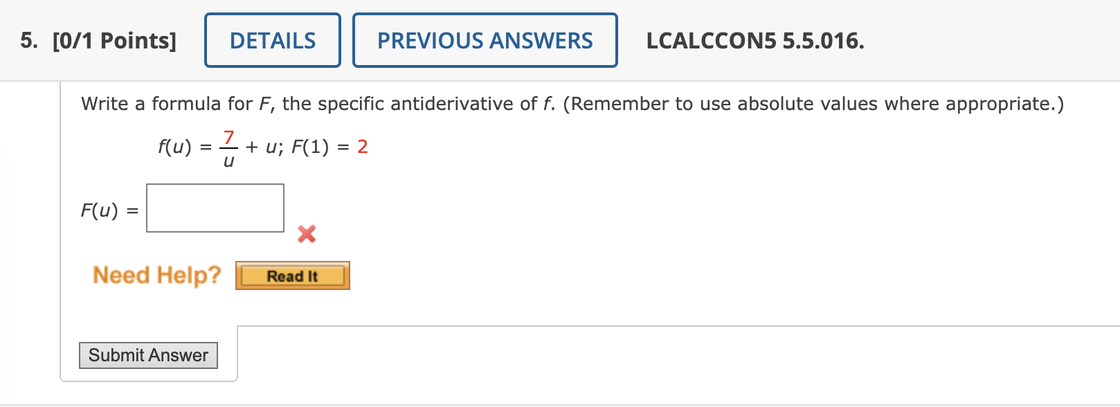 Solved f(u)=u7+u;F(1)=2 F(u)= | Chegg.com