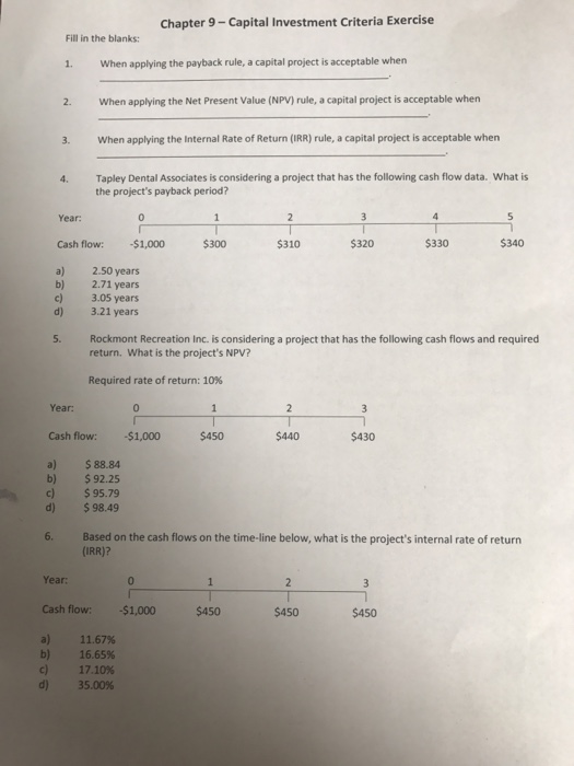 Solved Chapter 9-Capital Investment Criteria Exercise Fill | Chegg.com