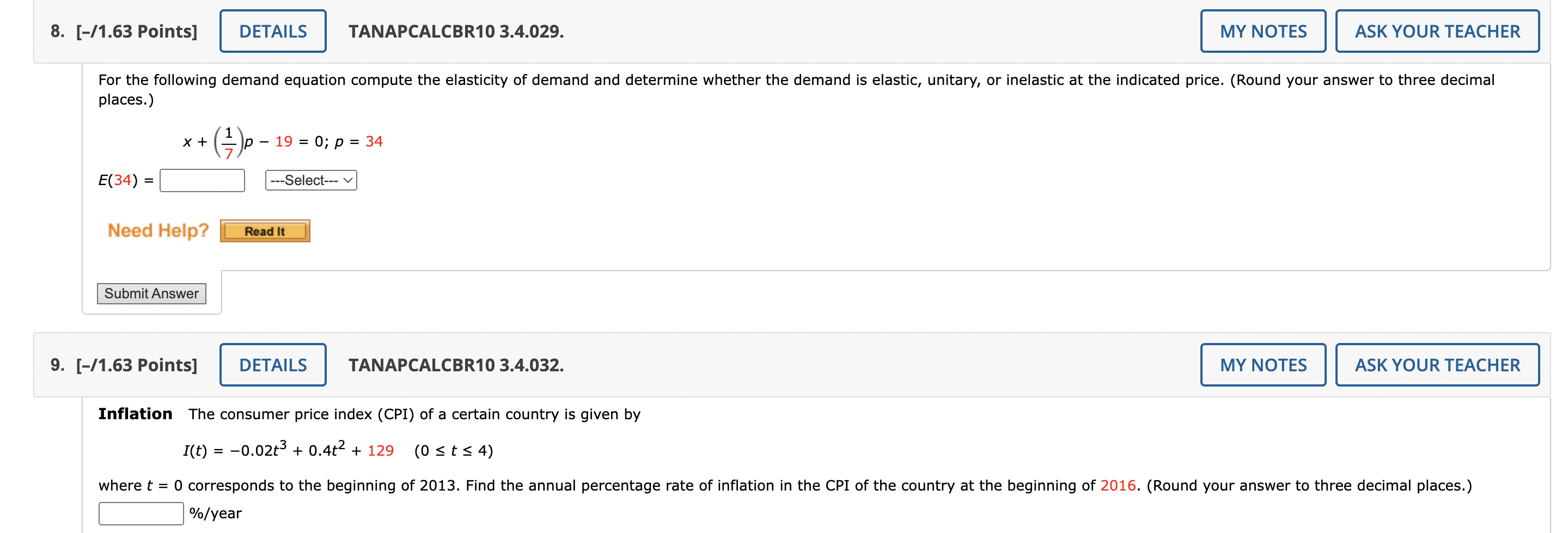 Solved [-/1.63 Points] TANAPCALCBR10 3.4.029. places.) | Chegg.com