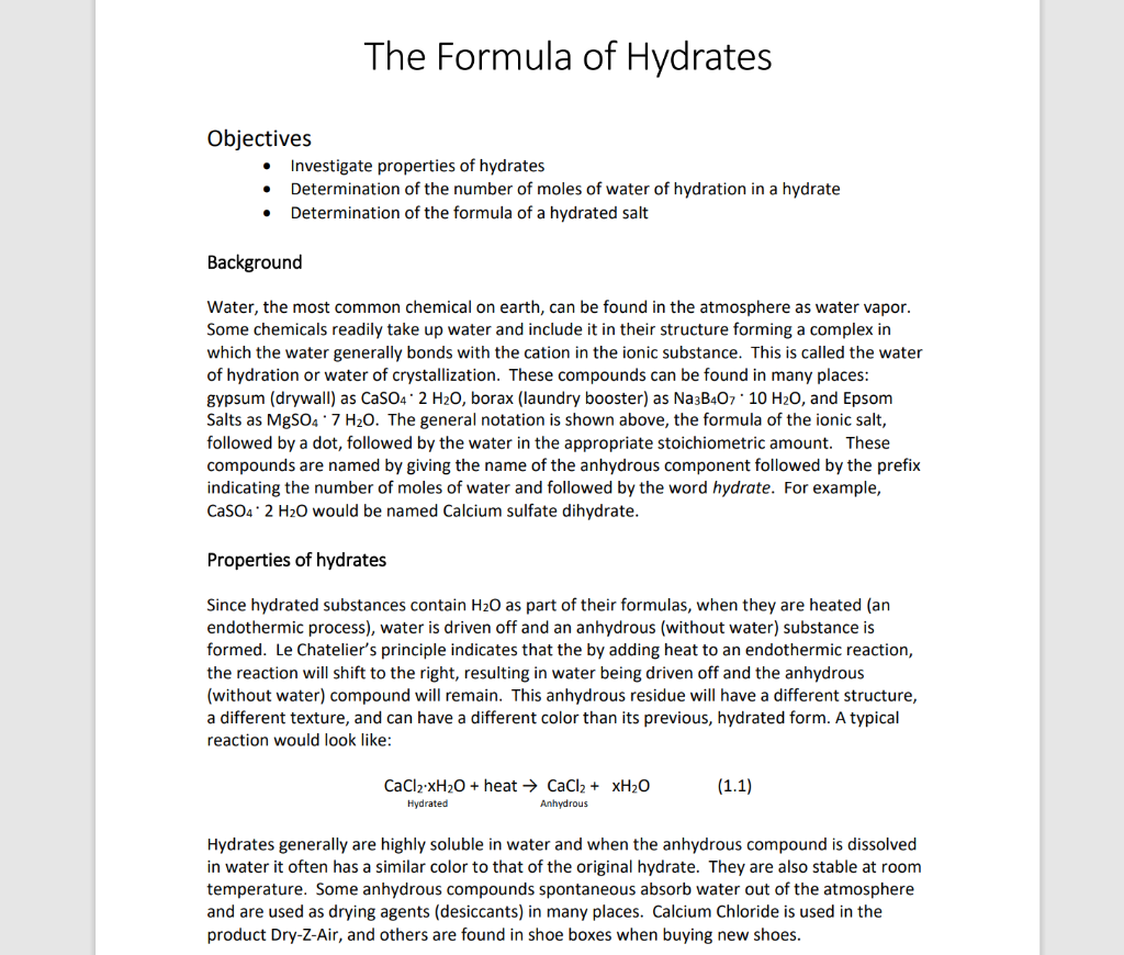 Solved The Formula of Hydrates Objectives • Investigate | Chegg.com