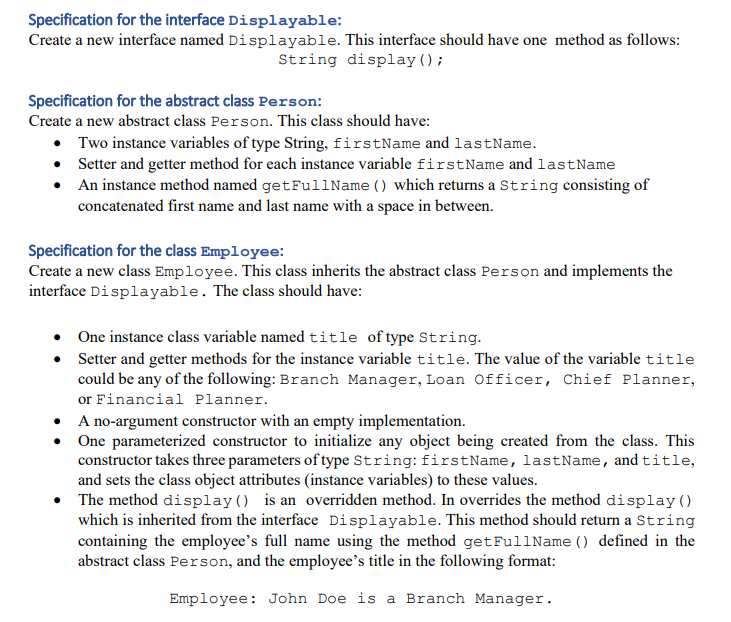 Solved Specification for the interface Displayable:Create a | Chegg.com